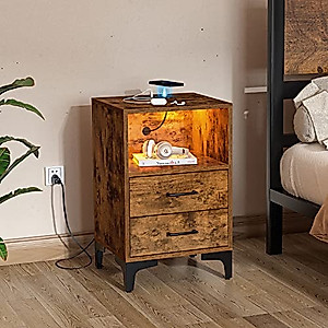 LYNCOHOME Nightstand with Wireless Charging Station and LED Lights, Modern End Table with 2 Drawers and Open Storage for Bedroom, Brown