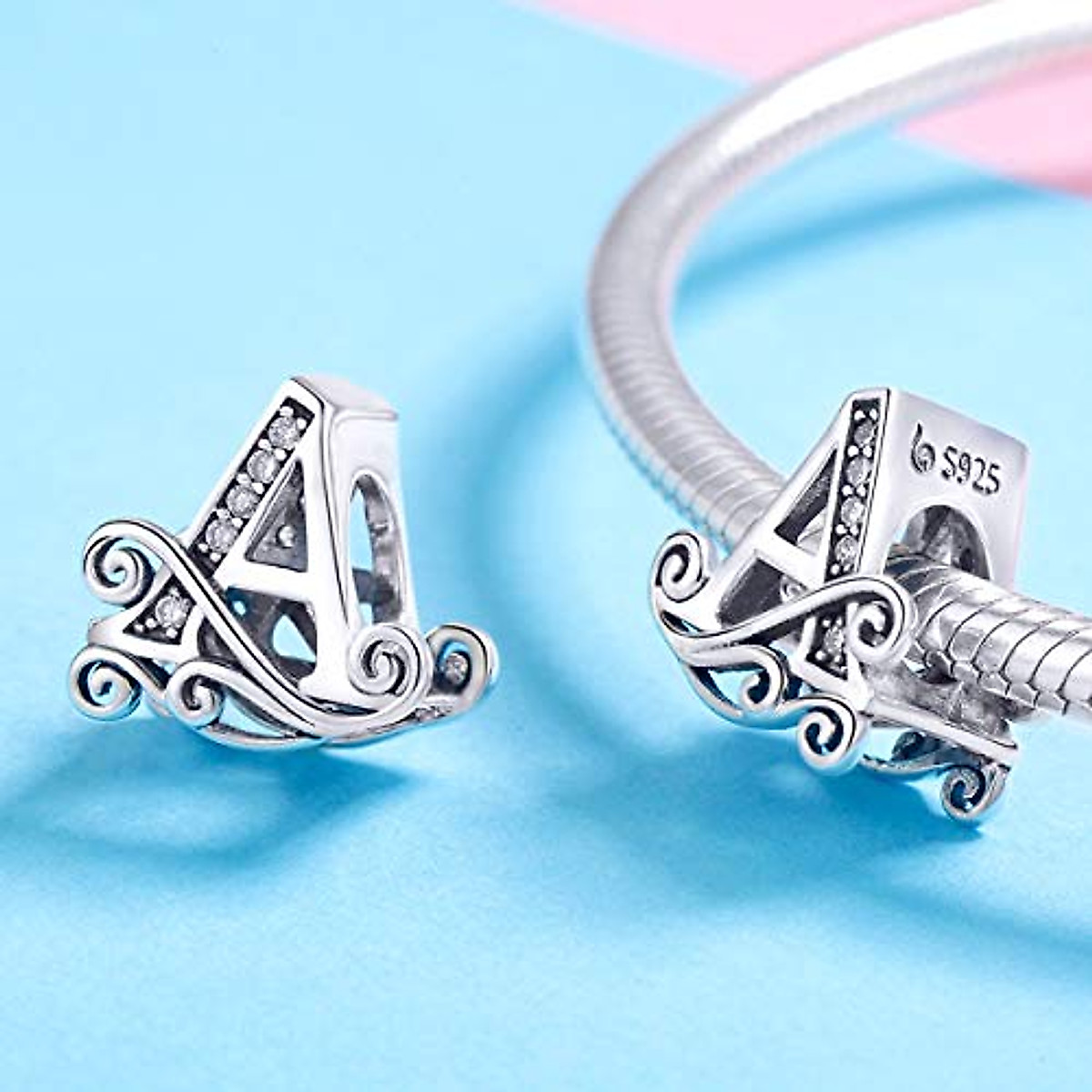 BISAER 925 Sterling Silver Initial Letter A Charms for Bracelets Alphabet Beads Charm Jewelry Gifts