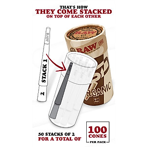 RAW Cones Organic 1-1/4 Size | 100 Pack | Pre Rolled Rolling Paper with Tips & Packing Tubes Included
