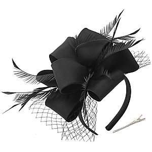 Myjoyday Women's Fascinators Hat for Tea Party Church Cocktail, Feathers Veil Headband with Hair Clip (Black)
