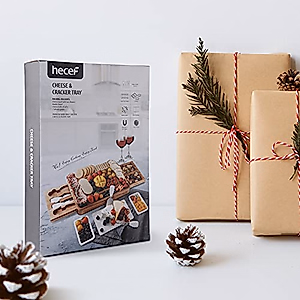 hecef Cheese Board Set Acacia Wood - Large Charcuterie Board with Stainless Steel Knife Set, Thick Wooden Server - Fancy House Warming Gift, Birthday Present & Perfect Choice for Gourmets