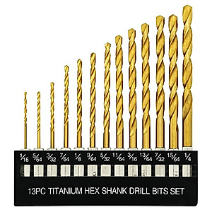 GMTOOLS 13 Pcs Titanium Coated Twist Hex Shank Drill Bit Set, 135 Degree Tip HSS Impact Drill Bit Set with Storage Case for Metal, Aluminum, Steel, Wood, Plastic, Quick Change Design 1/16" to 1/4"