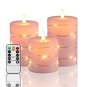 Fanzir Pink Flameless Candles with String Lights Battery Operated Flickering LED Pillar Candles 4‘’ 5‘’ 6‘’ Candle with Remote Control, Set of 3