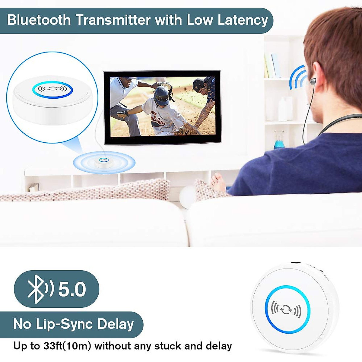 Friencity Bluetooth 5.0 Transmitter for TV Watching, apt-X Low Latency Wireless 3.5mm Aux Adapter for PC Home Stereo Radio Projector DVD Xbox PS4 RCA, Connect 2 pairs of headphones simultaneously