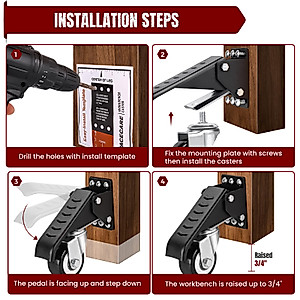 SPACECARE Workbench Casters Heavy Duty Retractable Casters Kit, Capacity 800Lbs Set of 4 Stepdown Casters Adjustable Polyurethane Durable Steel Construction