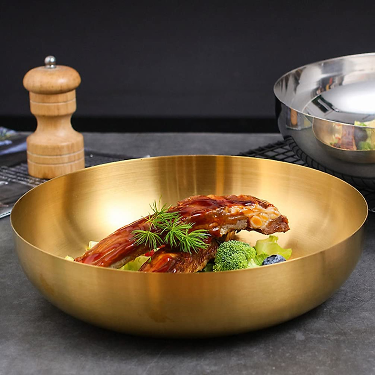 Hemoton Japanese Noodle Bowl 3pcs Stainless Steel Mixing Bowl 9.4inch Japanese Ramen Noodle Bowl Gold Metal Soup Bowl Salad Serving Bowl for Fruit Udon Pho Asian Noodles Rice Bowls Japanese