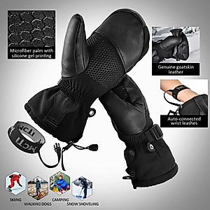 MCTi Ski Mittens Leather Mitten Winter Cold Weather Waterproof Snow Mitt for Men（Black, Large）