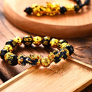 4 Pieces Feng Shui Pi Xiu Pi Yao Bracelet Necklace Set, Adjustable Feng Shui Lucky Nafu Wealth Necklaces Black Bead Bracelet with Hand Carved Amulet Bead (Six Thermochromism)