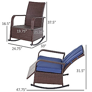 Outsunny Outdoor Rattan Wicker Rocking Chair Patio Recliner with Soft Cushion, Adjustable Footrest, Max. 135 Degree Backrest, Blue