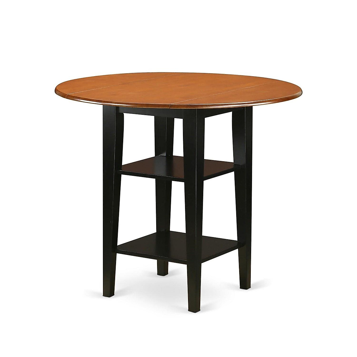 East West Furniture SUQU5H-BCH-W 5 Piece Counter Height Pub Set Includes a Round Dining Table with Dropleaf & Shelves and 4 Kitchen Chairs, 42x42 Inch, Black & Cherry