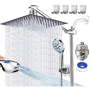 Amorix 12" Rain Shower Head with Handheld Spray Shower Heads Combo with 7 Setting Hand Held Shower Built-in 2 Power Wash, Rainfall Shower Head with One-piece Extension Arm, Hard Water Shower Filter