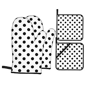 nhbfcds Black White Polka Dot Oven Mitts and Pot Holders Sets, 4 Piece Set, Heat Resistant Polyester Gloves and Pads for Kitchen Cooking Baking Grilling BBQ, One Size