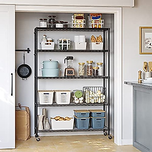 SONGMICS 5 Tier Garage Shelving, Wire Shelving Unit, 43.3 x 13.8 x 65.4 Inches, Adjustable Metal Shelves, 5 Plastic Liners 8 Hooks, Mobile Storage Shelves, Pantry Kitchen Basement, Black ULGR015B01