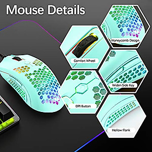 ZIYOU LANG Mechanical Gaming Keyboard and Mouse Combo Blue LED Backlit Keyboard,12000 DPI RGB Lightweight Gaming Mouse with Honeycomb Shell,Large Mouse Pad for Windows Gaming PC(Macaron Green)