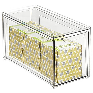 mDesign Plastic Stackable Bathroom Storage Organizer Bin Containers with Front Pull Drawer for Bathroom Countertop, Vanity, Closet Shelves - Holder for Beauty Accessories - Lumiere Collection - Clear