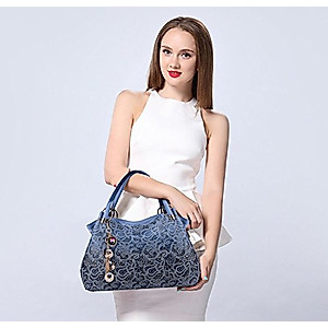 Tinksky Classic Fashion Tote Handbag Leather Shoulder Bag Perfect Large Tote Ls1195 (Grey) (Blue)