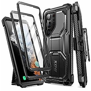 i-Blason Armorbox Designed for Samsung Galaxy S23 Ultra Case with Kickstand & Belt Clip, [2 Front Frames] Full-Body Rugged Bumper Case with Built-in Screen Protector [Support Fingerprint ID] (Black)
