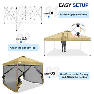 EAGLE PEAK 10x10 Outdoor Easy Pop up Canopy with Netting, Instant Screen Party Tent with Mesh Side Walls, Beige