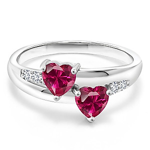 Gem Stone King 925 Sterling Silver Red Created Ruby and Lab Grown Diamond Ring For Women (1.28 Cttw, Heart Shape 5MM, Available in size 5, 6, 7, 8, 9)