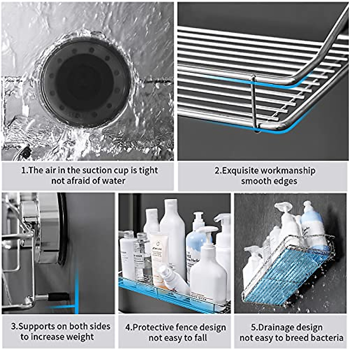 Queta Strong Suction Cup Shower Caddy Bath Shelf Storage with 3 Hooks, Wall Mounted Bathroom Organizer Stainless Steel shower Rack for Shampoo Conditioner Razor, Rectangle Basket for Kitchen Storage
