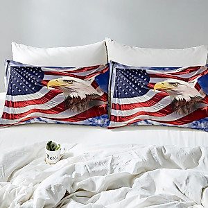 Erosebridal American Flag Bedding Set Bald Eagle Duvet Cover Patriot United States Flag Comforter Cover for Kids Teen Boys Independence Fourth of July Theme Quilt Cover with 2 Pillow Cases Queen Size
