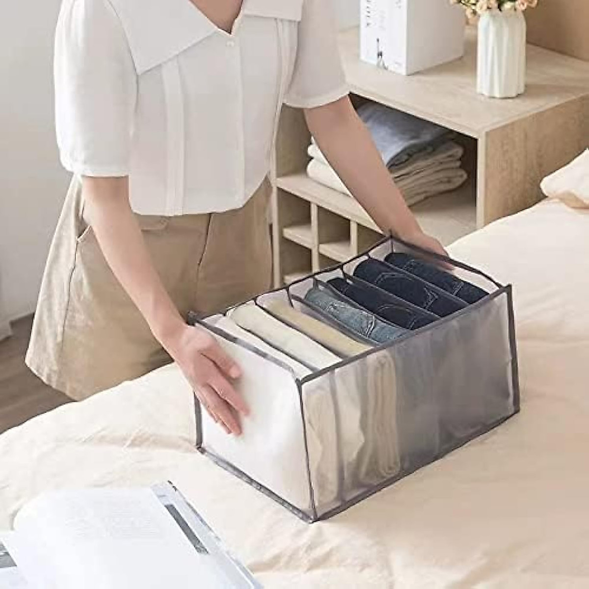 DacDark Wardrobe Clothes Organizer, 7 Grids Jeans Compartment Storage Box Closet, Folding Drawer For Clothing Mesh Separation, Transparent Divider For Stacking Pants Organizer Leggings