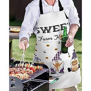 LAMANDA Kitchen Aprons for Women,Gnome Sunflower Bumblebee Buffalo Check Cooking Apron with Pockets Server Aprons Chef Apron for Men
