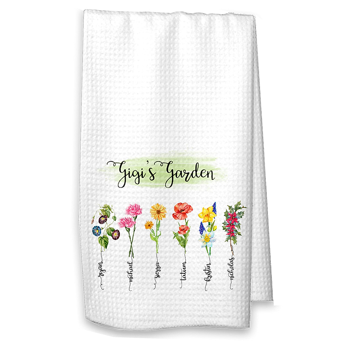 Studio 9Thirty3 Grandma's Garden Kitchen Towel with Names, Personalized, Birth Month Flower Gift, Gift from Grandkids