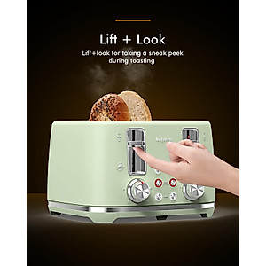 4 Slice Toaster, Extra Wide Slots, Longdeem Retro Stainless Steel Toasters, 6 Browning Options, Lift + Look, Auto Shut Off & Frozen Function, Toast Fruit Bread, Bagel & Waffle, Pastel Green