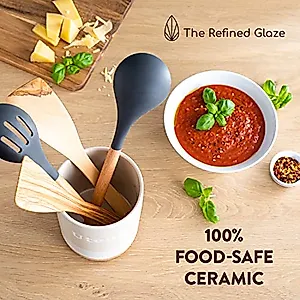 The Refined Glaze Farmhouse Utensil Holder for Countertop - Ceramic Farmhouse Utensil Holder (7in x 5in) - Large Elegant Kitchen Storage Organizer for Spatulas and Spoons (Beige and White)