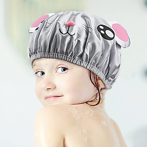 FirstKitchen Shower Cap for Kids, 2PCS Toddler Shower Cap, Cute Shower Cap with Double Layer, Kids Shower Caps for Girls Boys Child with Cartoon Animal(Pink Mouse + Gray Mouse)