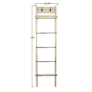 Creative Co-Op Fir Wood Wall Metal Bar and 2 Hooks Decorative Ladder, Natural