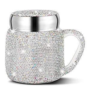 Meanplan Bling Rhinestone Coffee Mug for Christmas Gift Bling Water Bottle Rhinestone Ceramic Portable Travel Cup Crystal Coffee Cup with Lid and Handle for Women Office Home 13.5 oz (White)