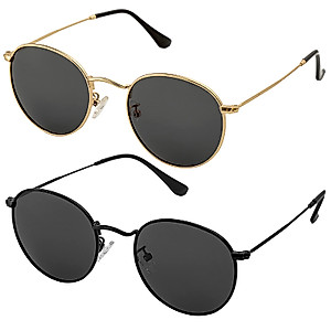 Onrtry Small Round Polarized Sunglasses for Men Women Classic Circle Metal Frame Sun Glasses 2 Pack (Gold/Black + Black/Black)