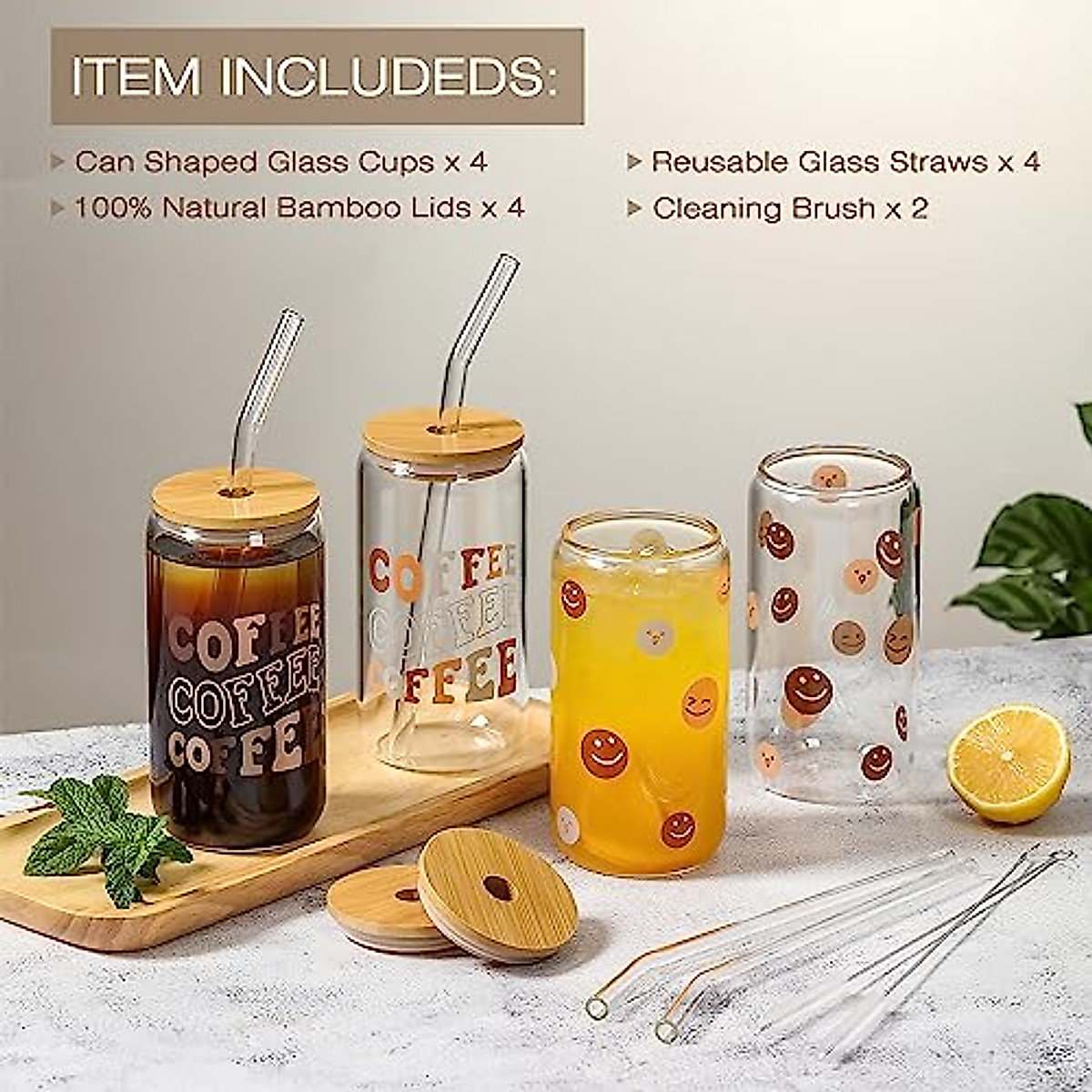 Glass Cups with Lids and Glass Straws with Design 4pcs Set - 16oz Cute Iced Coffee Sublimation Glasses, Beer Can Shaped Drinking Glasses Tumbler, Coffee Bar Accessories, Aesthetic Housewarming Gifts