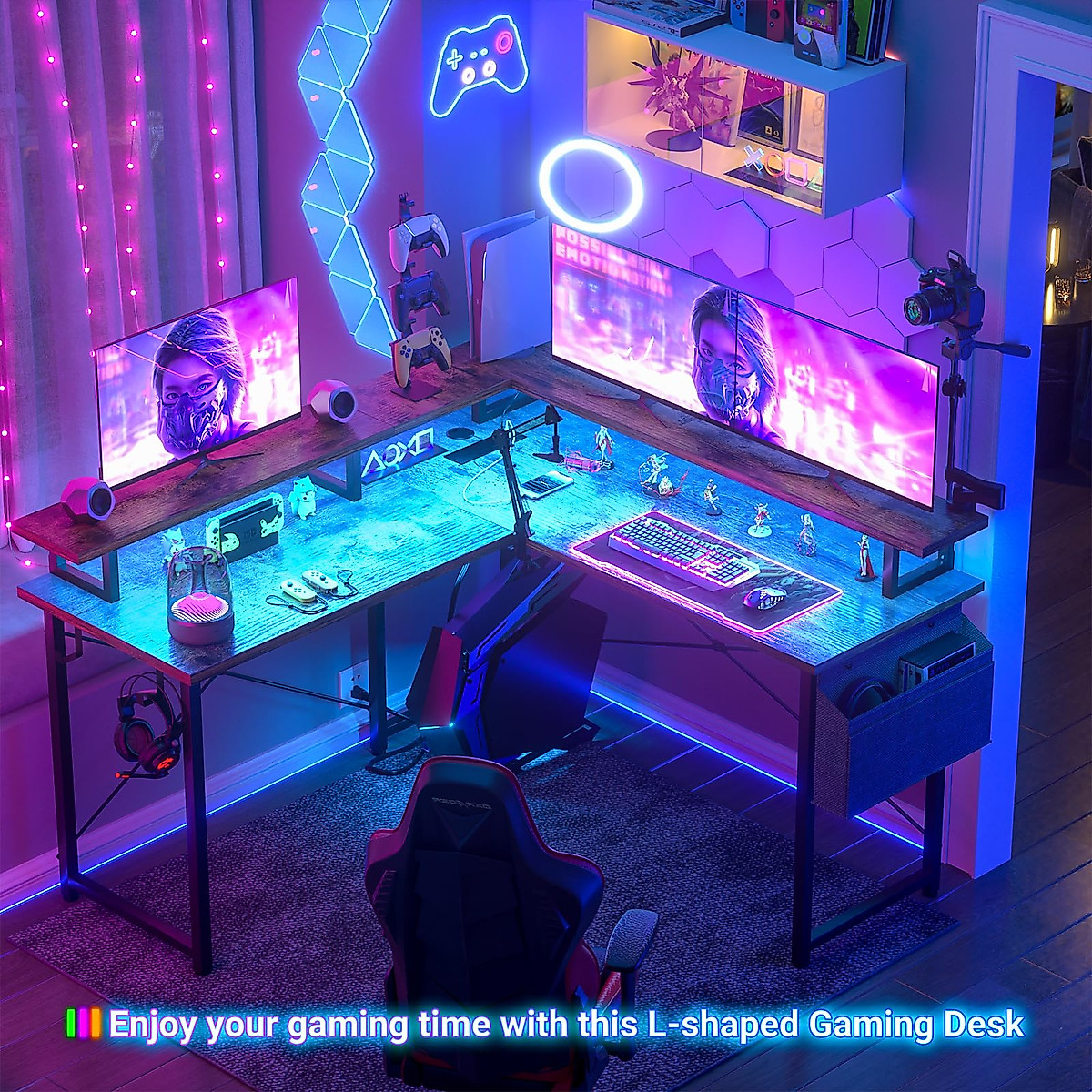 armocity L Shaped Computer Desk with Power Outlets, Gaming LED Lights, Corner Storage Shelves, Work Study for Bedroom, Home Office, Small Spaces, 47'', Rustic Brown