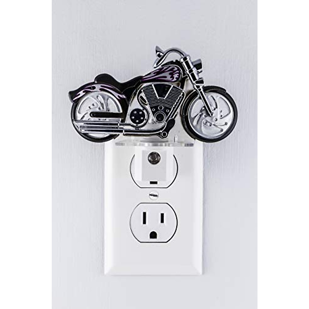 GE LED Motorcycle Night Light, Plug-In, Dusk-to-Dawn Sensor, Auto On/Off, Energy-Efficient, Soft White, Flames & Chrome Design, Ideal for Bedroom, Playroom, Bathroom, & More, Black/Silver, 10904