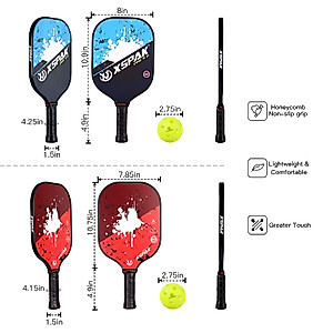 XS XSPAK Pickleball Paddles Set of 4, USAPA Premium Graphite Craft and Fiberglass Polymer Honeycomb Core, Lightweight Pickleball Rackets Including Portable Carry Bag, 4 Balls for Indoor & Outdoors