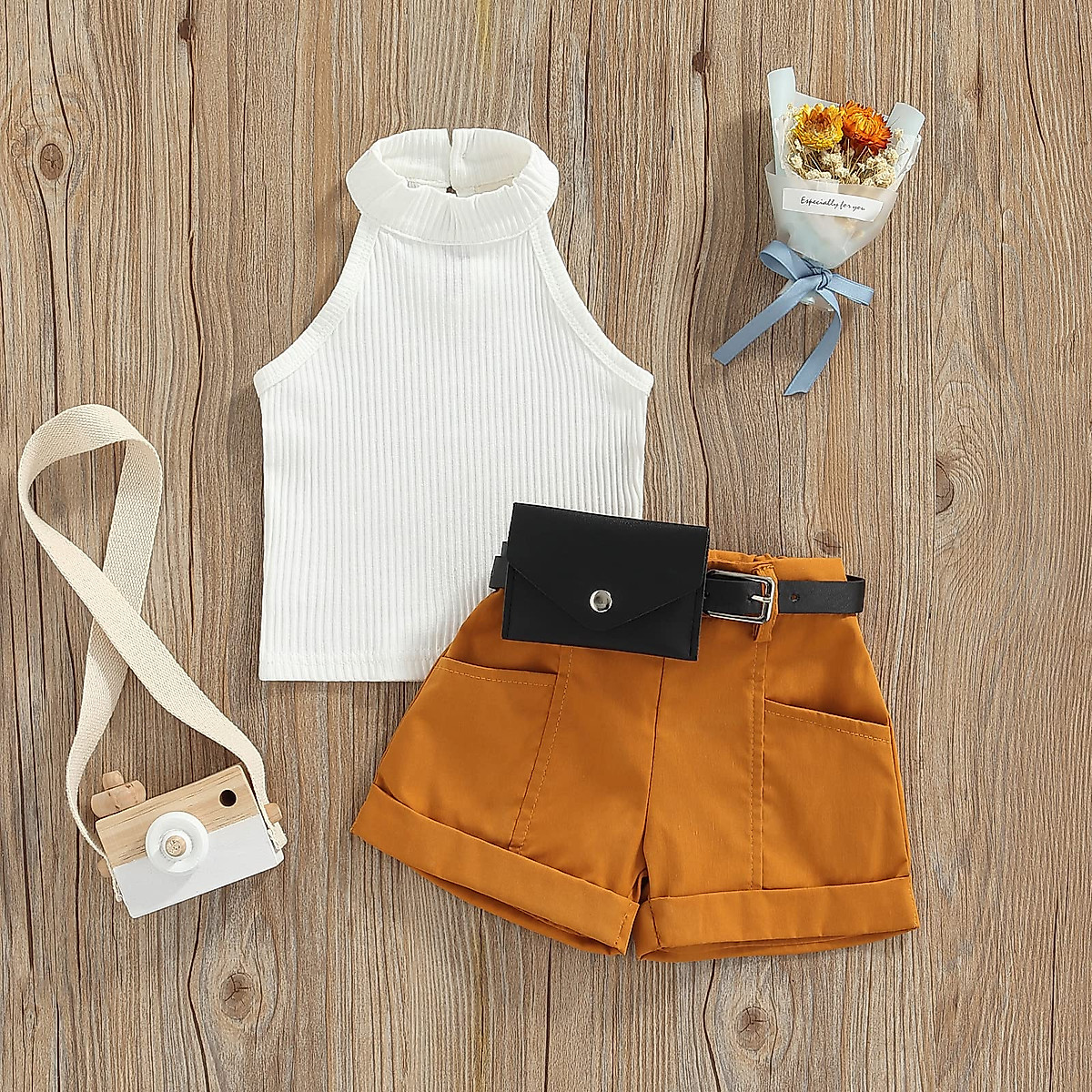 Toddler Girls Summer Outfits Sleeveless Rib Knit Halter Tops Shorts Bloomers Set Clothes (White, 3-4 Years)