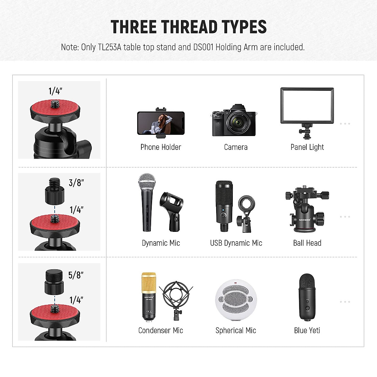 NEEWER Tabletop Overhead Camera Mount Stand with 2 Section Telescopic Extension Arm, Phone Holder, Ball Heads, Screw Adapters, Desk Light Stand for Camera, Phone, Webcam, Ring Light, TL253A+DS001