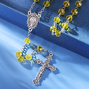 Catholic Rosary Yellow Crystal Beads Necklace with with Miraculous Medal Cross Crucifix Rosaries Communion Rosary