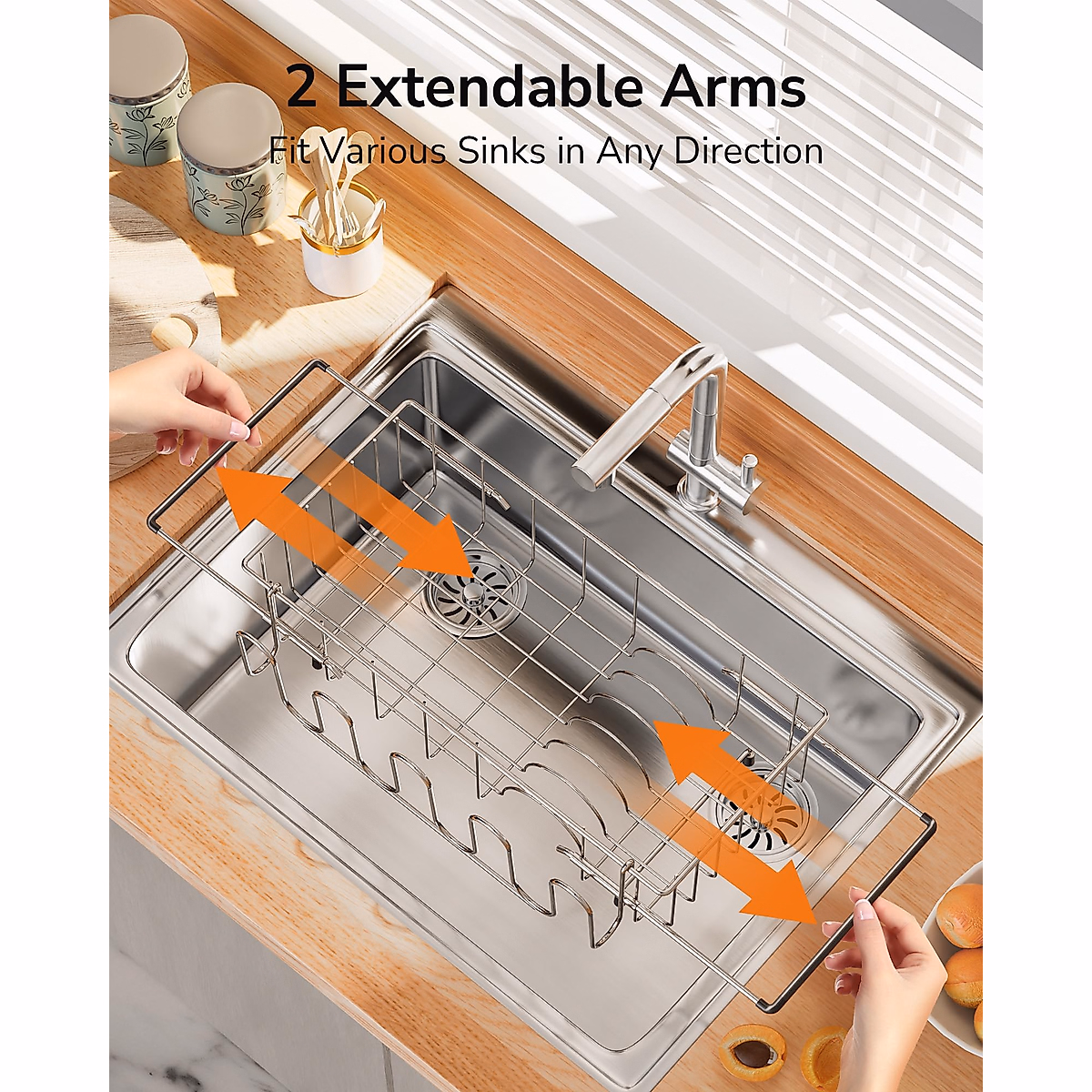 ULG Dish Drying Rack Kitchen Sink Dish Drainer Stainless Steel in/Over The Sink Drying Rack for Dishes Plates Glasses Silverware with Cup and Cutlery Holders Quick Drying Arms Extendable, Medium Size