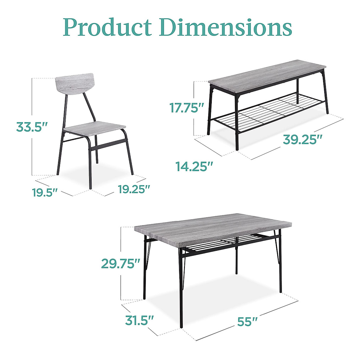 Best Choice Products 6-Piece 55in Modern Dining Set for Home, Kitchen, Dining Room w/Storage Racks, Rectangular Table, Bench, 4 Chairs, Steel Frame - Gray