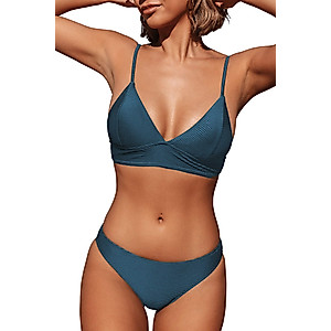CUPSHE Women's Solid Color Sexy Triangle Bikini Set Padded Swimsuit, L Navy
