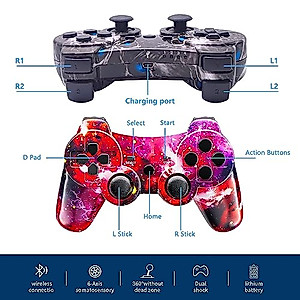 PS3 Controller Wireless, High Performance Controller with Upgraded Joystick for PlayStation 3, 2 USB Charging Cords (Red Star, Black Ghost)
