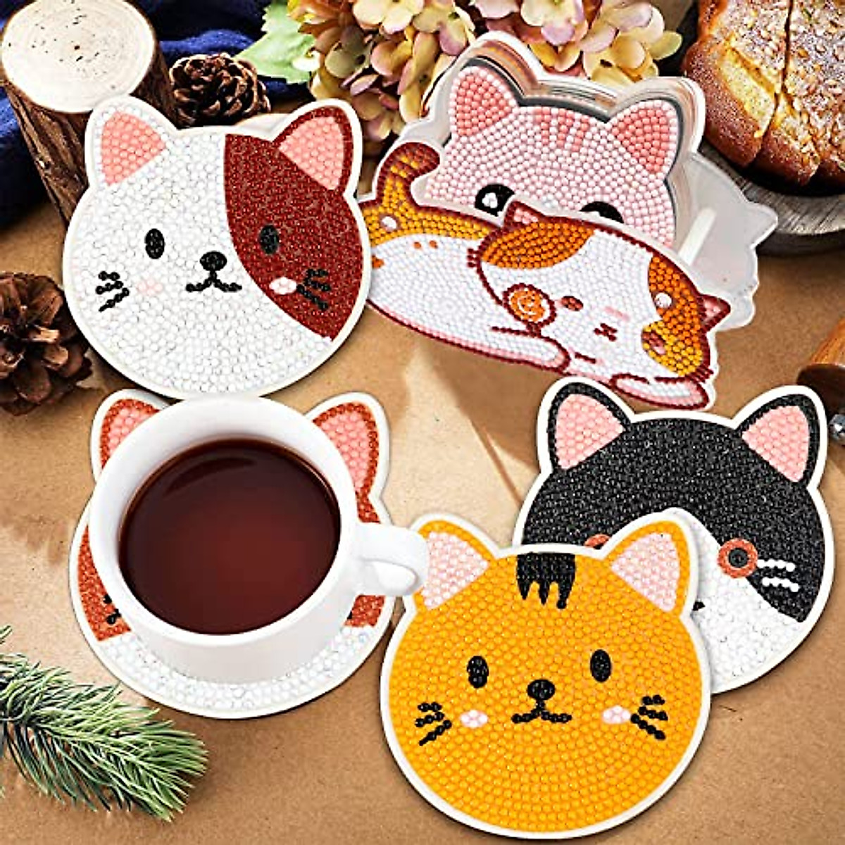 FEELOOK Diamond Painting Coasters with 3D Holder 6Pcs Cat Coasters DIY Diamond Art Crafts for Adults Kids and Beginners Art Craft Supplies Gift