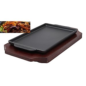 Ebros Personal Size Cast Iron Sizzling Fajita Pan Skillet Japanese Steak Plate With Wood Underliner Base Restaurant Home Kitchen Cooking Supply (Rectangular 9.25"L X 5.25"Wide)