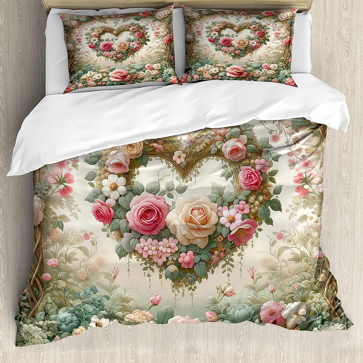 Ambesonne Floral Heart Duvet Cover Set, Tenderness of Romantic Garden Ivy Branches and Roses Valentines Day, Decorative 3 Piece Bedding Set with 2 Pillow Shams, Queen Size, Laurel Green and Pink