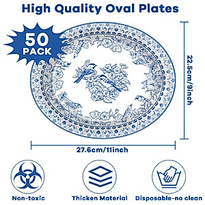50 PCS Blue Floral Oval Paper Plates Blue & White Floral Party Tableware Set Blue and White Flowers Disposable Party Supplies Bridal Birthday Baby Shower Tea Dinnerware Plates Napkins Forks Serve 50