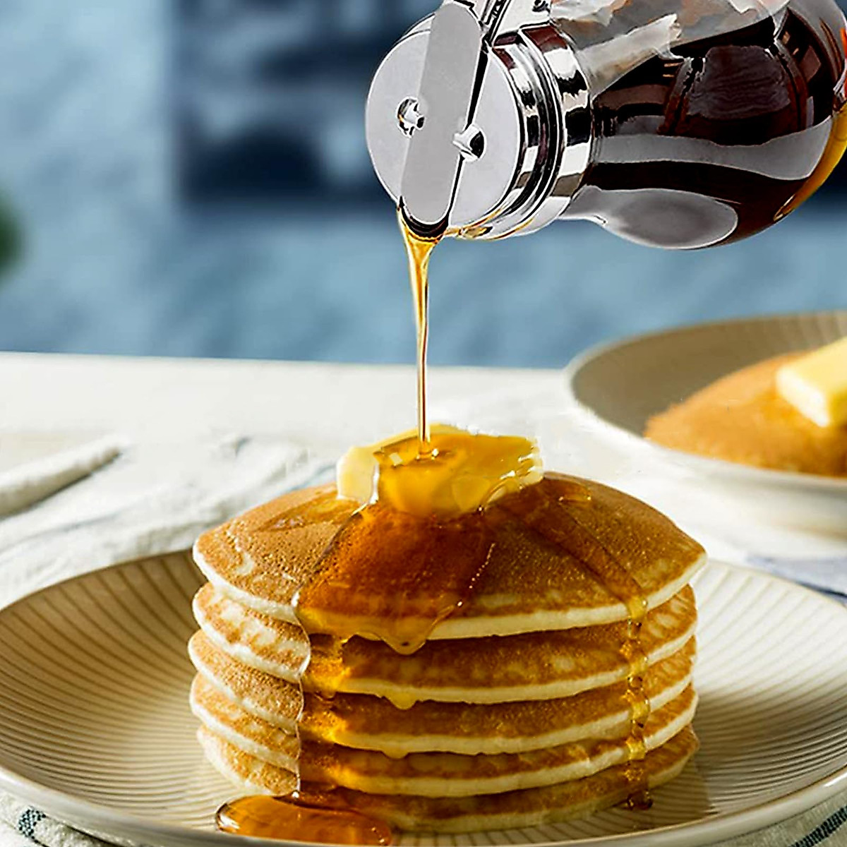 6 Oz. (Ounce) Glass Bulb Jar Syrup Dispenser, Sugar Dispenser, Retracting Spout, Dispensing Thumb-Lever, Pancake House Style (2)